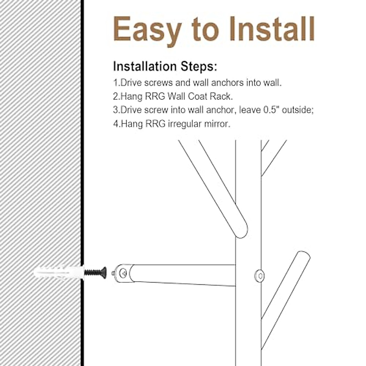 RRG Wall Mount Coat Rack 39.37 Inch, Metal Vertical Hat Rack for Wall, Modern Modern Tree Branch for Coats, Scarves, Hats, Jackets, Bags, Entryway Bedroom