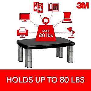 3M Adjustable Monitor Stand Riser, Three Leg Segments Simply Adjust Height, Sturdy Platform Holds Up to 80 lbs for Monitors, Laptops, and Printers, Space for Storage Underneath, Silver/Black (MS80B)