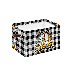 Retro Buffalo Black White Check Sweet Farm Home Gnomes Couple Polka Dot Sunflower Cube Storage Organizer Bins with Handles,15x11x9.5 Inch Collapsible Canvas Cloth Fabric Storage Basket Books Boxes