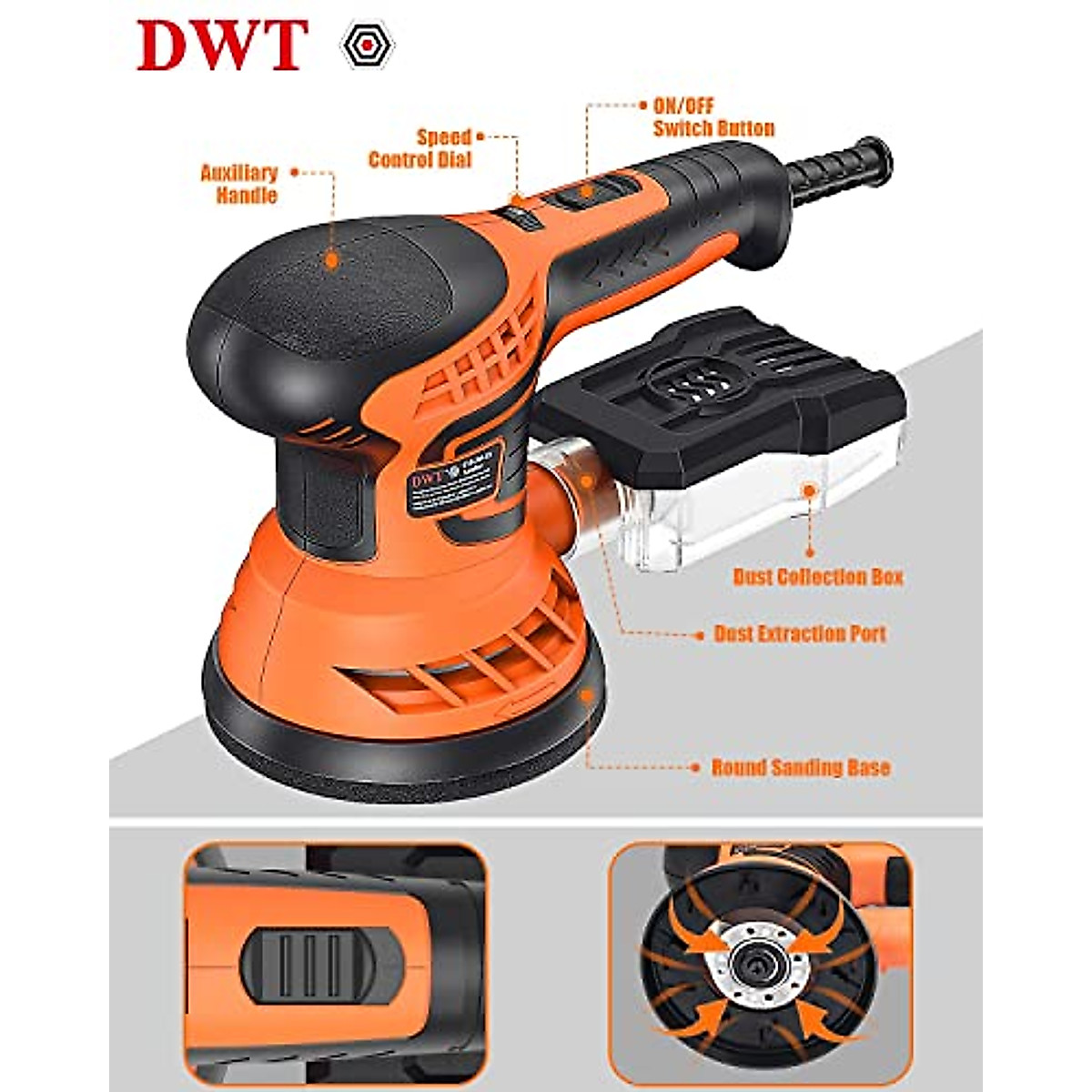 Random Orbital Sander, DWT 2.8A 350W Power Orbital Sander with 7 Variable Speed, 14Pcs Sanding Discs(2Pcs Upgrade Dust-free Sandpaper), Cyclone Box, 5-Inch Corded Electric Sander for Sanding Wood/Rust