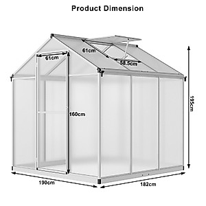 6x6 FT Greenhouse for Outdoors, Polycarbonate Greenhouse with Quick Setup Structure and Roof Vent, Aluminum Large Walk-in Greenhouse for Outside Garden Backyard, Silver