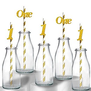 Happy 1st Birthday Straws, Gold Glitter 1 Year Old Paper Straws, 1st Anniversary/Birthday Party Drinking Decorative Straws - 24pcs