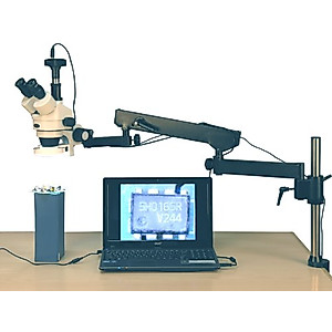AmScope SM-8TZ-144S-10M Digital Professional Trinocular Stereo Zoom Microscope, WH10x Eyepieces, 3.5X-90X Magnification, 0.7X-4.5X Zoom Objective, 144-Bulb LED Ring Light, Articulating-Arm Boom Stand, 110V-240V, Includes 0.5x and 2.0x Barlow Lenses and 10
