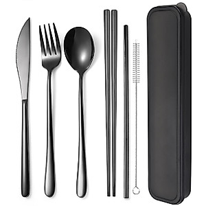 AARAINBOW 6 Pieces 18/8 Stainless Steel Flatware Set Portable Reusable Cutlery Set Travel Utensils Set Including Chopsticks Knife Fork Spoon Straws Cleaning Brush Dishwasher Safe (Black)