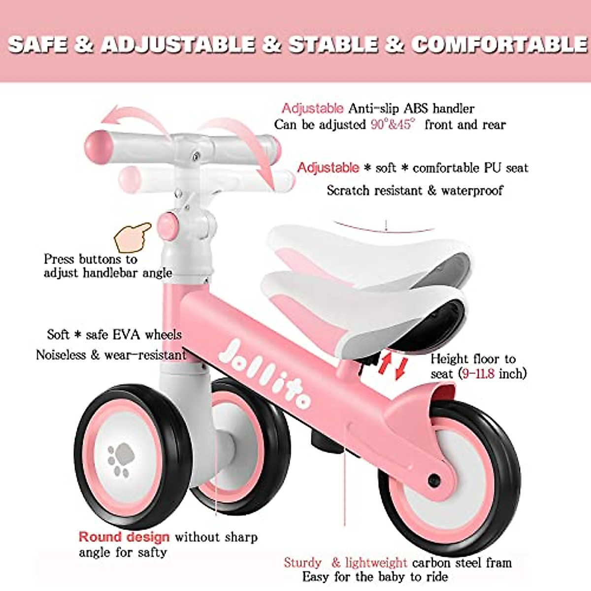 JOLLITO Baby Balance Bike, Adjustable Toddler Bicycle 12-24 Months, Best Birthday Gifts Toys for 1 Year Old Boys Girls, 3 Wheel, Pink