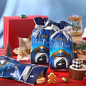 Funrous 50 Pcs Christmas Nativity Gift Bags Christmas Drawstring Plastic Bag Bulk Religious Gift Bags with Ties Xmas Holy Gift Wrapping Sacks for Birthday Party Treat Candy Goody Christmas Presents