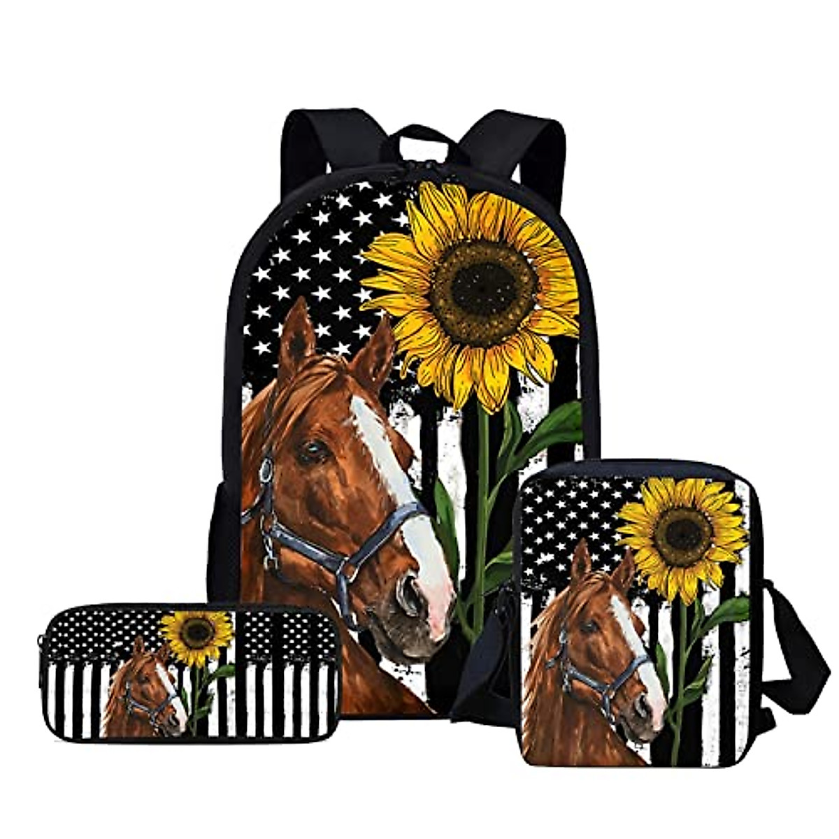 ZPINXIGN Horse Backpack for Girls 9-12 School Book Bag Sunflowers Crossbody Bag Back to School Student Bookbag with Crossbody Bag Pencil Case for Elementary Middle