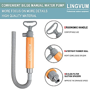 LINGVUM Bilge Pump for Kayak Canoe and Boat - 17 Inch Manual Portable Kayak Hand Water Pumps with Reversible Hose Orange