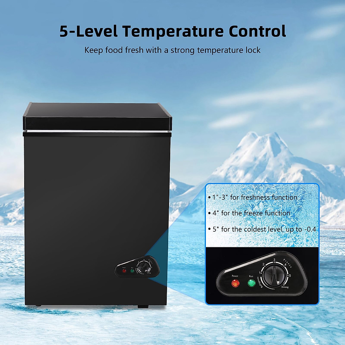 Geekman Chest Freezer 3.5 Cubic Feet Capacity with Removable Basket, Defrost Water Drain, 6 Level Adjustable Temperature, Energy Saving, and Top-Open Door for home, bar, office (Black)