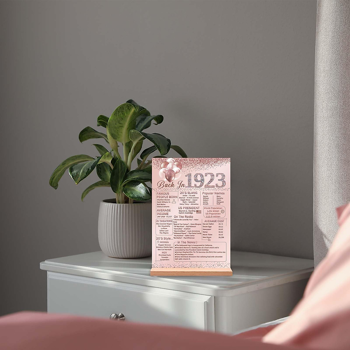 Vlipoeasn Pink 101st Birthday Anniversary Table Decoration 1923 Poster for Women, Rose Gold Back in 1923 Acrylic Table Sign with Wooden Stand, 101 Year Old Birthday Party Centerpieces Gift Supplies