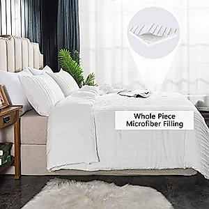 Andency White Queen Size Comforter Set, 3 Pieces Boho Tufted Striped Bedding Comforter Set for Queen Bed, All Season Lightweight Soft Fluffy Microfiber Bed Set