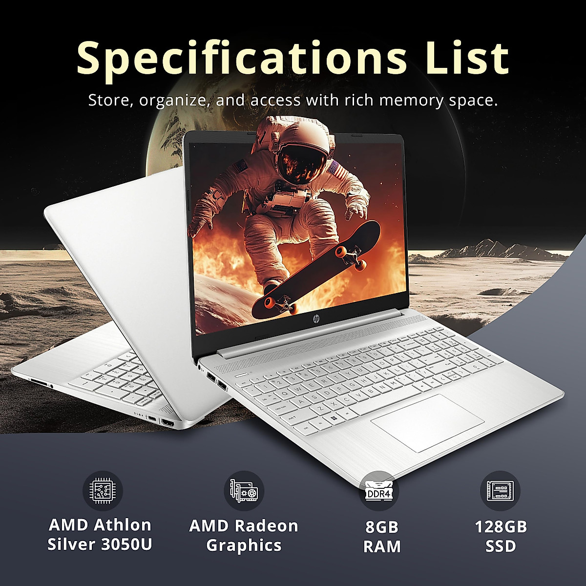 HP 15.6 FHD Laptop Computer, AMD Athlon Silver 3050U, 8GB DDR4 RAM, 128GB SSD, AMD Radeon Graphics, HD Webcam, HDMI, Office 365, Windows 10 S, Silver, 32GB Hotface USB Card