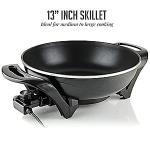 Ovente Electric Skillet with Nonstick Coating and Glass Lid, 13 Inch Portable Kitchen Countertop Cooking Wok, Adjustable Temperature Control, Cool Touch Handle, Easy to Use and Clean, Black SK3113B