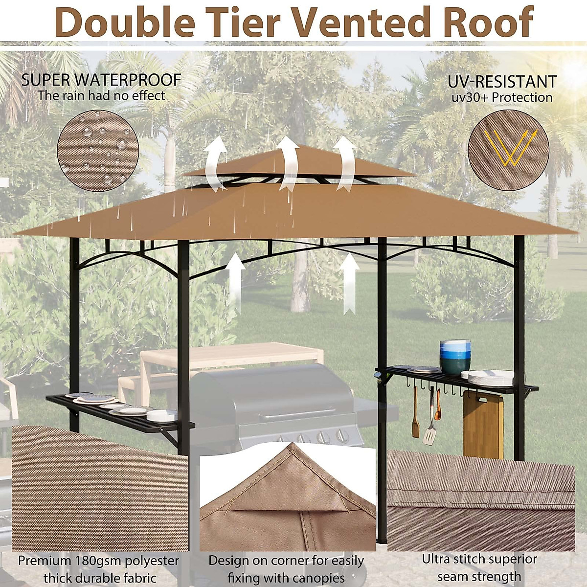 8x5 Ft Grill Gazebo, Double Tiered Outdoor BBQ Gazebo with 2 Side Shelves, 5 Hooks, Bottle Opener, Barbecue Grill Gazebo Shelter for Patio, Garden, Beach, Backyard and Picnic (Khaki)