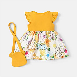 PATPAT Care Bears 2pcs Baby Girl Solid & Print Spliced Flutter-Sleeve Dress with Crossbody Bag Set Yellow 9-12 Months