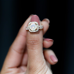 Ethiopian Opal Moissanite Wedding Ring Set, AAA Quality Certified 8mm Round Opal Bridal Ring Set - With Jewelry Box, 14K Rose Gold, Size:US 7.00