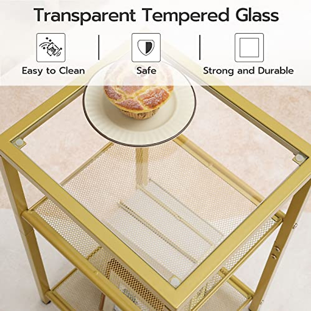 HOOBRO Side Table, 3-Tier Slim Nightstand with Storage Shelves, Modern End Table, Tempered Glass Bedside Table, for Living Room, Bedroom, Gold GD77BZ01