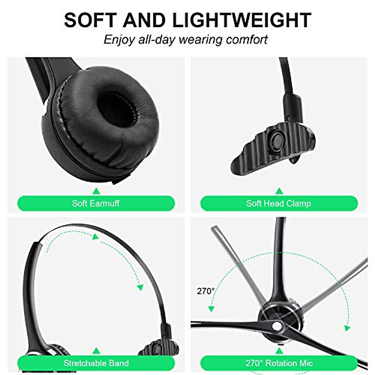 Friencity Trucker Bluetooth Headset, Wireless Headset with Microphone for Office Cell Phone, Noise Canceling On Ear Headphones for PC, VOIP, Call Center, Telephone, Mute Button, 15hrs Talking Time