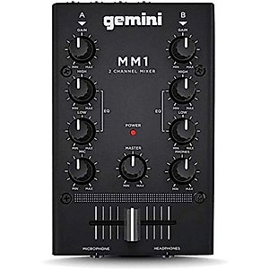 Gemini Sound MM1 Professional Audio 2-Channel Dual Mic Input Stereo 2-Band Rotary Compact DJ Podcast Mixer with Cross-Fader and Individual Gain Control