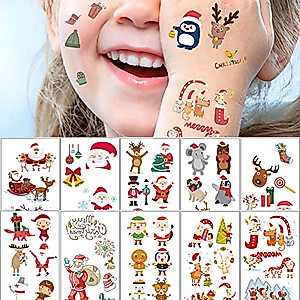 Christmas Temporary Tattoos, 10 Sheets Water Transfer Santa Claus Elk Snowman Penguin Bear Bell Design Tattoo Stickers, DIY Xmas Decals Fake Tattoos Decorations for Adult and Kids