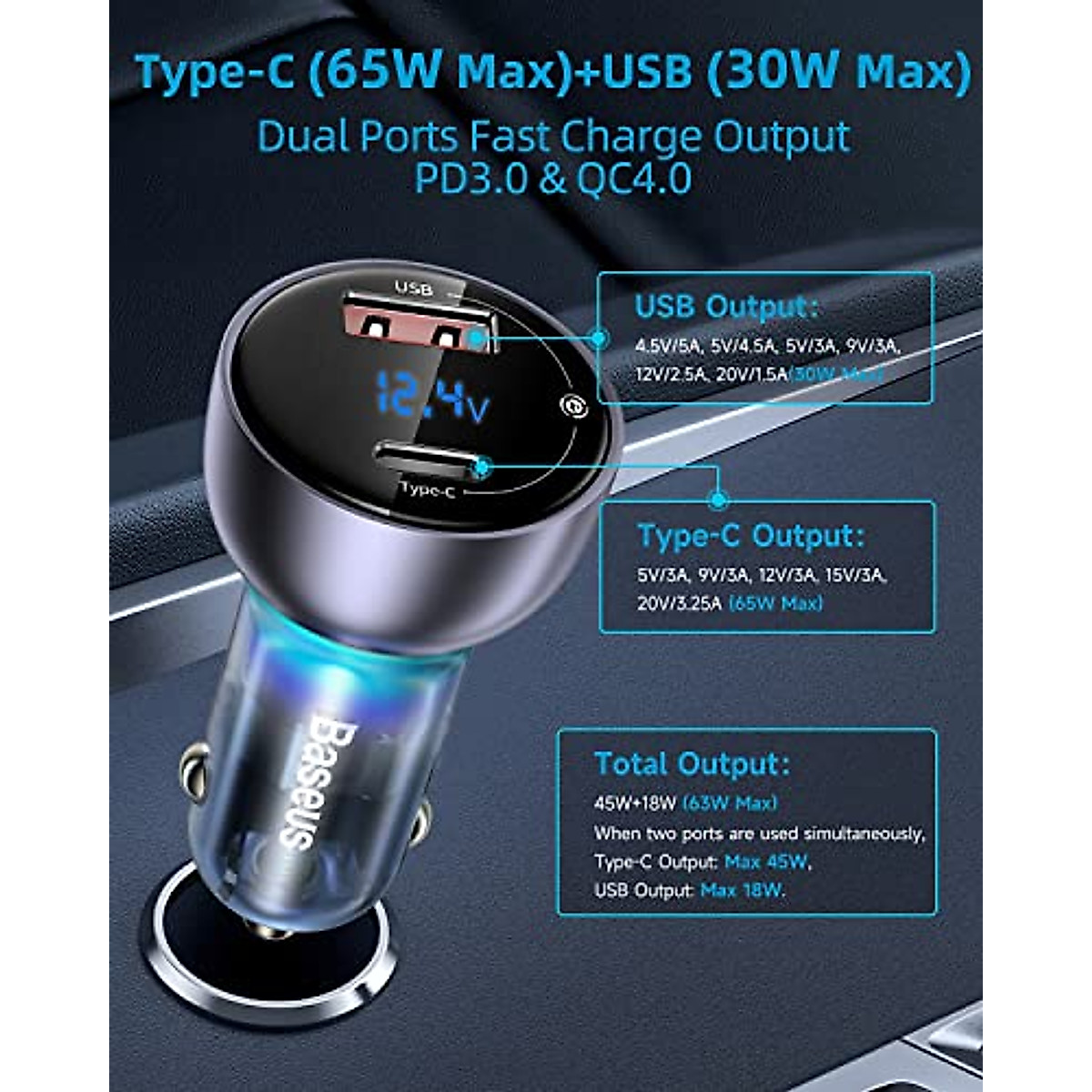 Baseus 65W USB C Car Charger, Type C Car Charger PPS PD3.0 QC4.0 45W Super Fast Charging with LED Display Compatible with iPhone 14/13/12 Pro Max, Samsung S22 S21 Ultra/Tab S8, MacBook, iPad, Laptops
