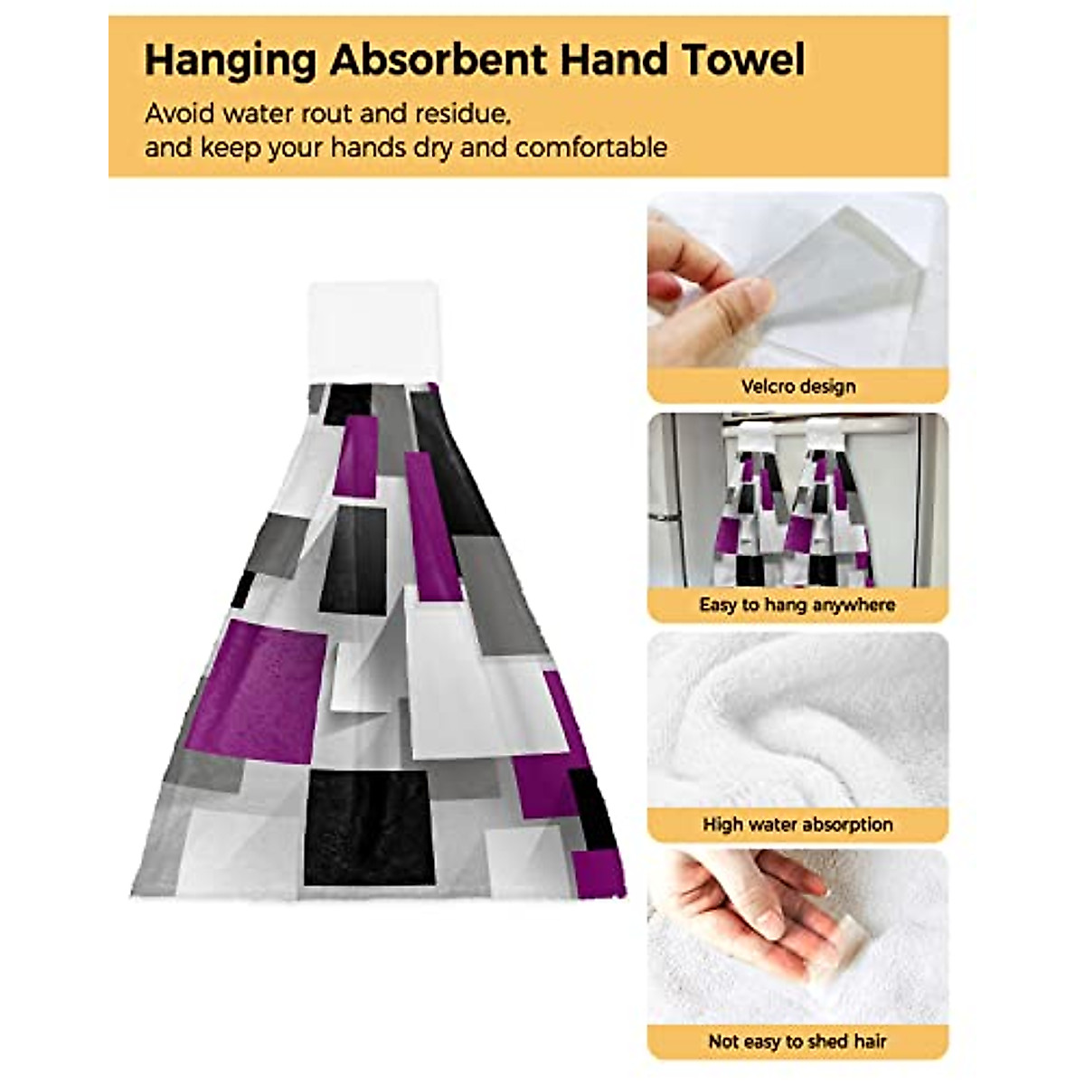 2 PCS Kitchen Hand Towels, Purple Geometry Soft Plush Hanging Tie Towels with Loop for Kitchen Bathroom Dish Cloth Tea Bar Towel Modern Abstract Art Ombre Black Grey