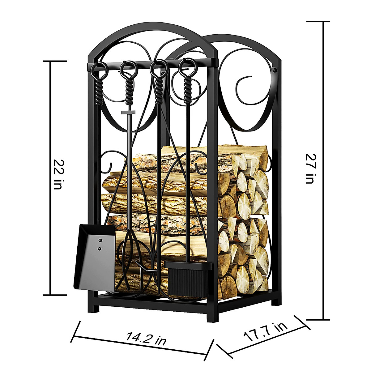 Kingson 5-Piece Firewood Log Rack With 4 Fireplace Tools Set Fireside Holder Wood Lumber Storage Stacking With Tongs Shovel Poker And Brush-Black