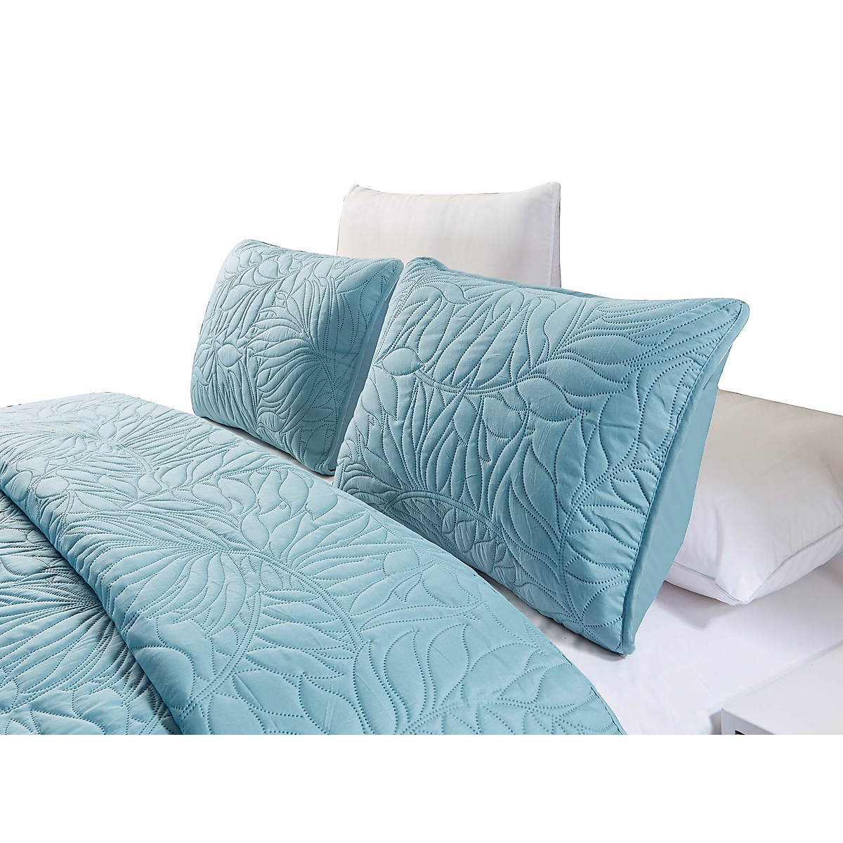 GrandLinen 3-Piece Leaf Pattern Bedspread Sets - Savannah Quilt Set in Solid Spa Blue King size 118"X106" Oversize Lightweight Coverlet with 2 Pillow Shams - Soft Microfiber