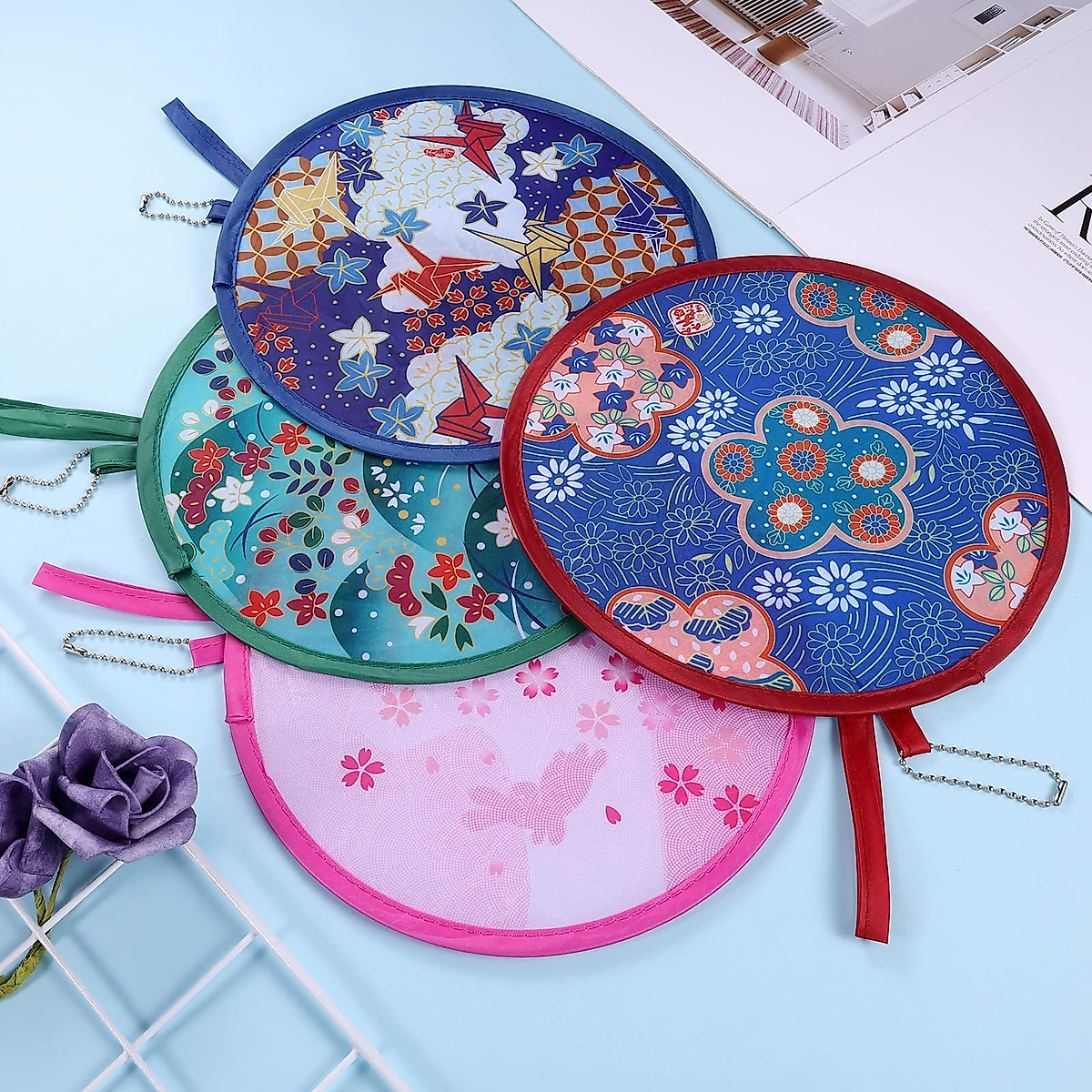 KINBOM 4pcs Folding Round Hand Fans, Flower Folding Fan Japanese Style Round Folding Fan for Women Girls Daily Use Party Home Personal Decoration (Sakura)