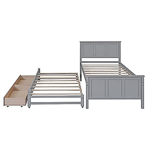Twin Size Platform Bed with Trundle and 2 Storage Drawers, Wooden Twin Daybed with Slat Support, Modern Twin Trundle Bed Frame for Bedroom, Guest Room, Living Room (Twin, Gray)