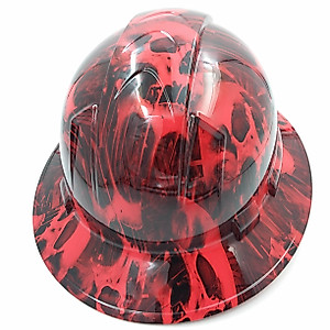 Wet Works Imaging Customized Pyramex Full BRIM RED Evil MELTING SKULL HARD HAT with Ratcheting Suspension
