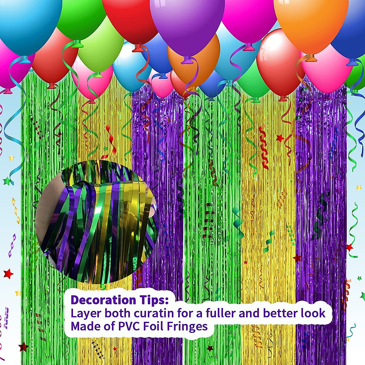 2 Pack 3.2ft x 9.8ft Mardi Gras Metallic Foil Fringe Curtain, Purple Green Gold Tinsel Curtains Streamers Party Photo Booth Props Backdrop for Mardi Gras Themed Party, St. Patrick's Day