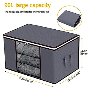 YearningHome 6Pack 90L Storage Bag for Clothes Large Capacity Storage Containers with Reinforced Handle Foldable Closet Organizer for Comforters, Blankets, Bedding, Sweater with Sturdy Zipper, Clear Window, Grey