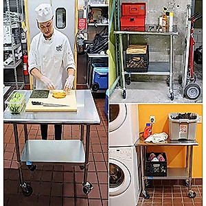 AmGood Stainless Steel Work Table with 2 Shelves and Casters | Metal Utility Table On Wheels (Stainless Steel Work Table with 2 Shelves + Casters, 36" Long x 18" Deep)