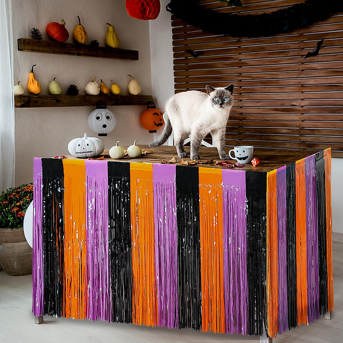 6 Pack 30x108 Inch Halloween Table Skirt Decoration, Metallic Foil Fringe Tinsel Table Skirts, Curtains Backdrop Parade Floats Birthday Halloween Christmas Party Decoration(Black Orange Purple)