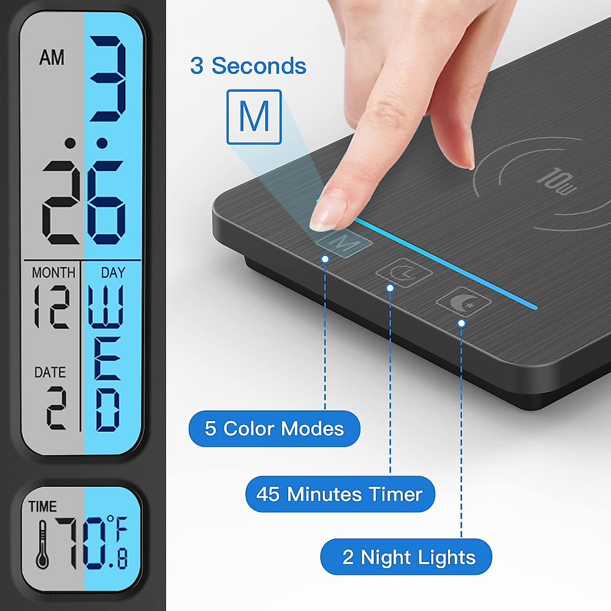 LED Desk Lamp with Wireless Charger: Desk Lamps USB Charging Ports for Home Office Bedroom - Touch Control with 5 Color Modes & Brightness Dimmable, 2 Night Lights, Eye-Caring for Reading(Black)