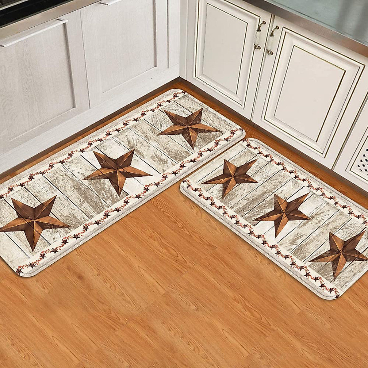 Rustic Kitchen Rugs Sets 2 Piece Floor Mats Western Texas Star and Primitive Berries on Country Wooden Plank Doormat Farm Wooden Area Runner Bath Rug Non Slip Chef Mat Farmhouse Carpet Set for Bedroom
