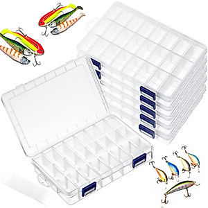 6 Pcs Transparent Fish Tackle Boxes Plastic Fish Tackle Storage Organizer Box with Removable Dividers Clear Fish Tackle Trays Organizer Box for Fishing Lure Storage