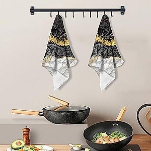 Fuliko Hand Towels for Bathroom, Soft Absorbent Black Gold Marble Towel Set 30x15, Washcloths Face Towels Perfect for Daily Use Home Kitchen Bathroom Decor (Black Gold Marble)