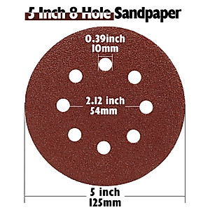 5 Inch 8 Hole Hook and Loop Sanding Discs 72 PCS, Assorted Sandpaper 40 60 80 120 180 240 320 Grits for Random Orbital Sander