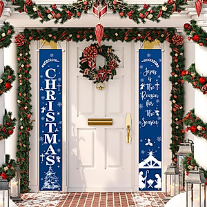 BBTO Pcs Christmas Nativity Scene Porch Sign Jesus Is The Reason for Season Banner Religious Holy Door Xmas Hanging Decorations Home Front 1BBTO x 7BBTO Inch, blue, white
