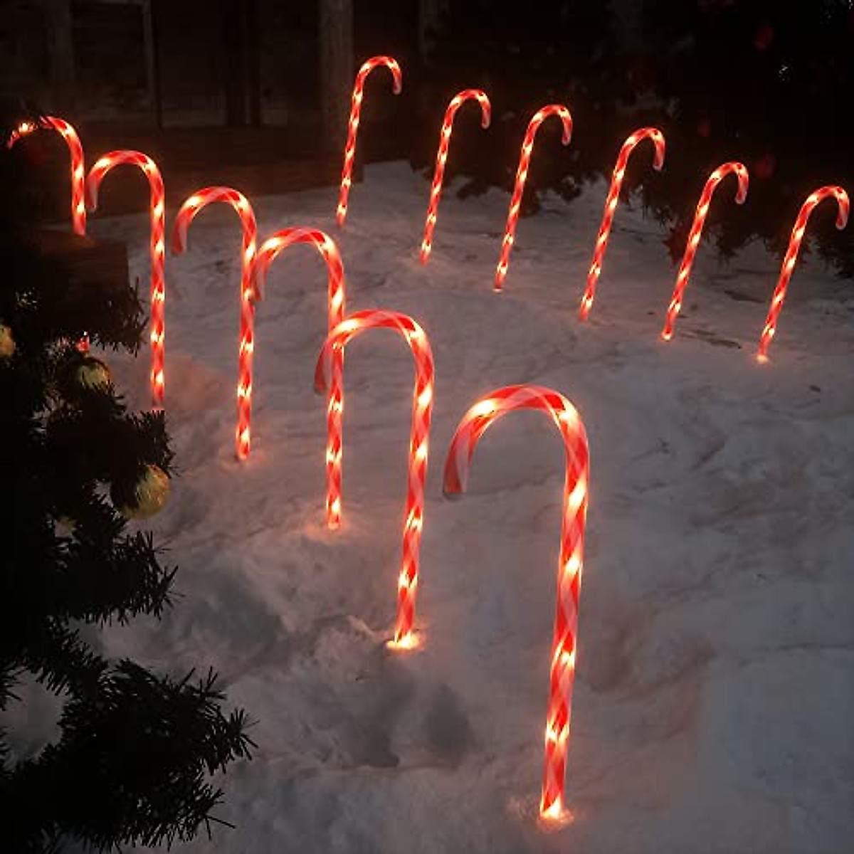COOLWUFAN 28" Christmas Candy Cane Pathway Markers, Set of 12 Pack Christmas Outdoor Decorations Pathway Lights with 72 Warm Lights for Christmas Holiday Party Walkway Patio Garden Yard Lawn Decor