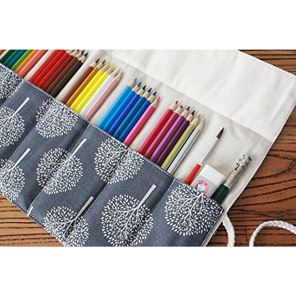 CreooGo Canvas Pencil Wrap, Pencils Roll Case Pouch Hold for 72 Colored Pencils (Pencils are not Included)-Tree,72 Holes