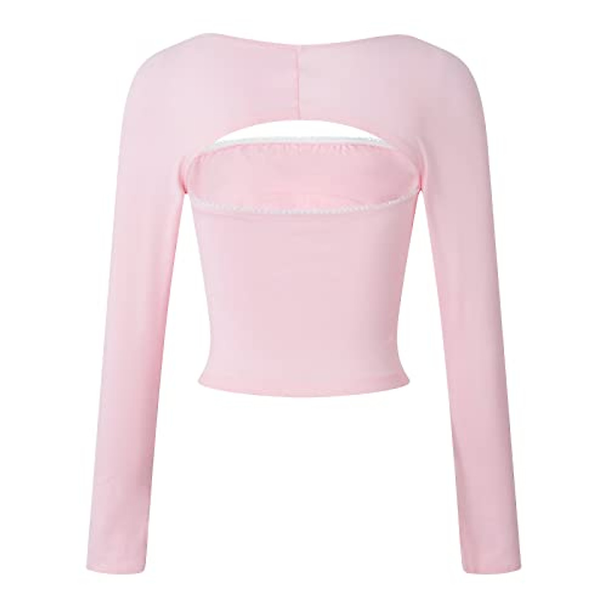 Women Y2k Square Neck T-Shirt Long Sleeve Lace Trim Crop Top Slim Fit Stretchy Blouse Top Aesthetic Clothes(Square 2pcs Pink,Medium)