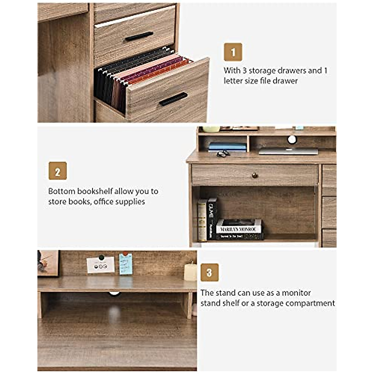 Catrimown Computer Desk with Drawers and Hutch, Executive Desk Home Office Desk Writing Table Wood Student Desk with File Drawer for Bedroom, Small Computer Desk with Drawer for Small Place, Grey