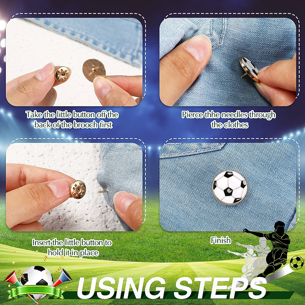 Soccer Lapel Pin Soccer Sports Lover Pins Soccer Ball Cartoon Round Metal Pins Football Hat Shirt Pin Tie Tack Pinback Men Women Brooches Sports Accessories Charm Decoration (48 Pcs)