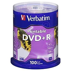 Verbatim 96575 Inkjet Printable 100 Disc Spindle 16X DVD+R White