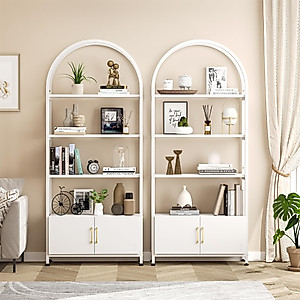 71.5" Tall Arched Bookshelf, 4-Tier Arched Bookcase with Doors Storage, Industrial Book Shelf with Sturdy Metal Frame and Shelves, Accent Cabinet with Storage for Living Room, Home Office, White