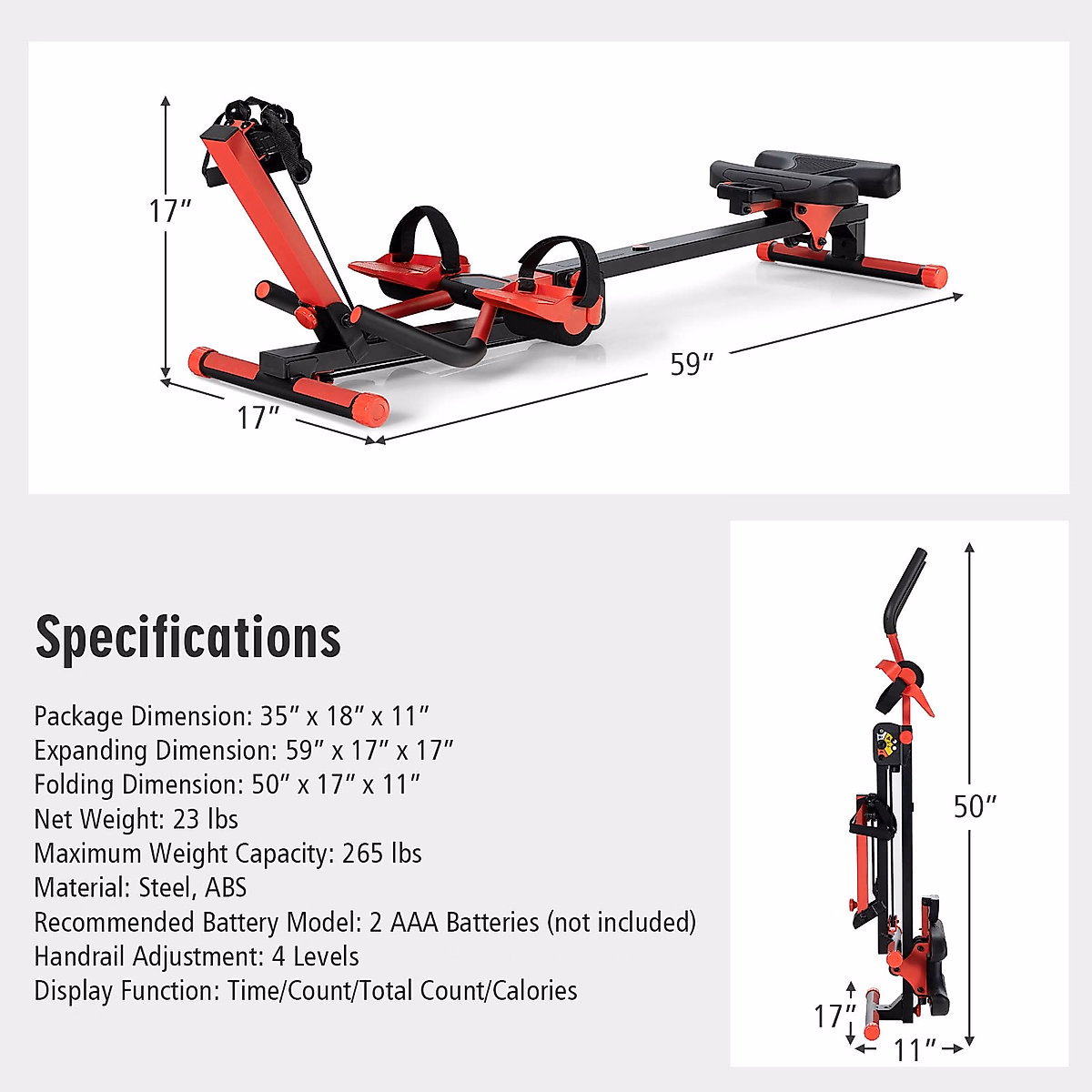 GYMAX 4 in 1 Rowing Machine, Adjustable Ab Machine with Resistance Bands, Multifunctional Rower Abdominal Fitness Equipment Whole Body Workout Machine for Home Gym