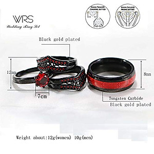 Two Rings His Hers Wedding Ring Sets Couples Matching Rings Women's 2pc Black Gold Plated Red CZ Wedding Engagement Ring Bridal Sets Men's Tungsten Carbide Band Wedding Band